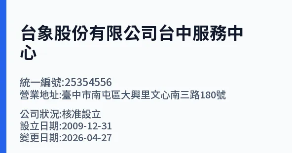 台象股份有限公司台中服務中心的照片-統編 25354556(臺中市) 公司登記資料與營業項目詳細圖表