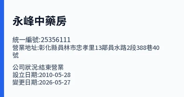 永峰中藥房的照片-統編 25356111(彰化縣) 公司登記資料與營業項目詳細圖表
