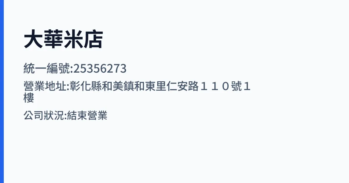 大華米店 - 統編 25356273(彰化縣) 公司登記資料與營業項目詳細圖表