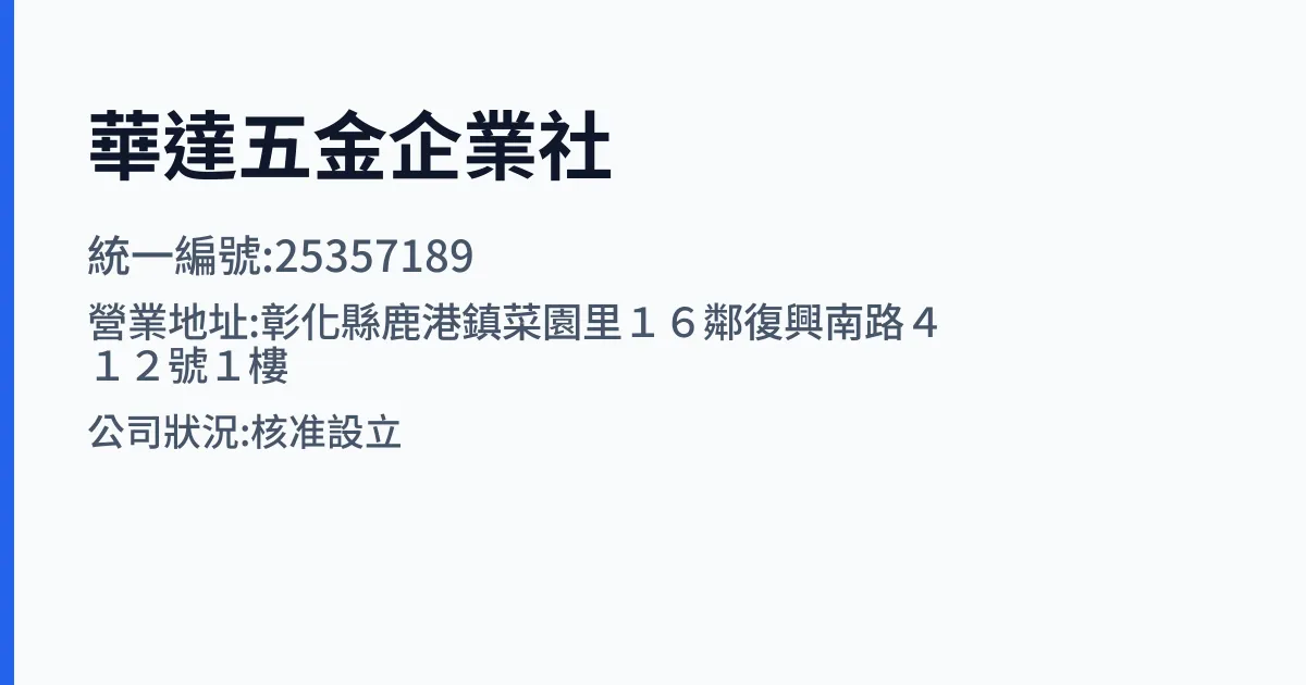 華達五金企業社 - 統編 25357189(彰化縣) 公司登記資料與營業項目詳細圖表