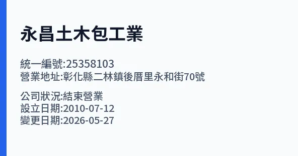永昌土木包工業的照片-統編 25358103(彰化縣) 公司登記資料與營業項目詳細圖表