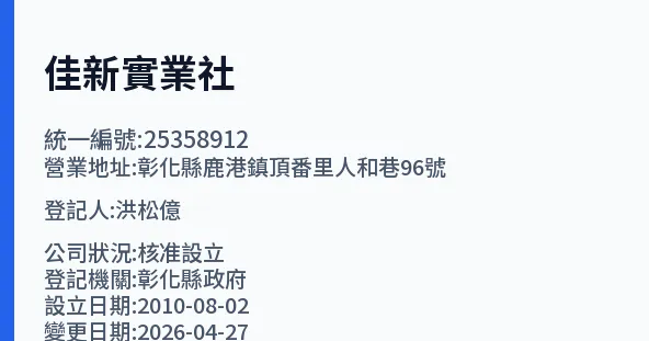 佳新實業社的照片-統編 25358912(彰化縣) 公司登記資料與營業項目詳細圖表