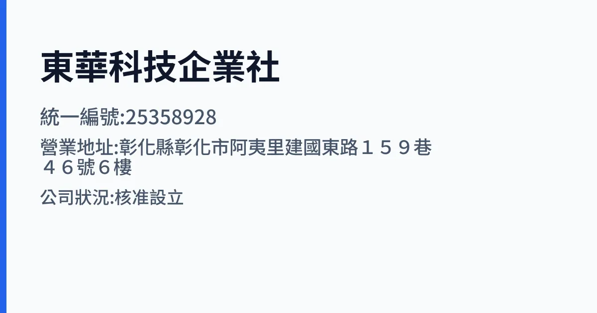 東華科技企業社 - 統編 25358928(彰化縣) 公司登記資料與營業項目詳細圖表