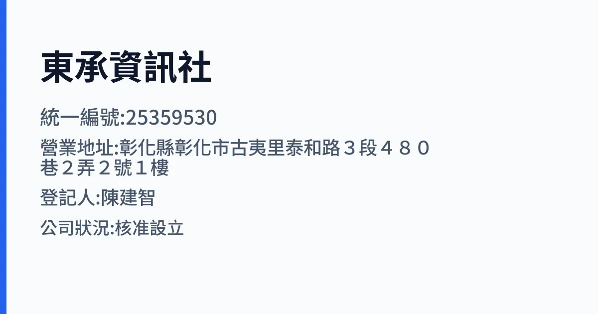 東承資訊社 - 統編 25359530(彰化縣) 公司登記資料與營業項目詳細圖表