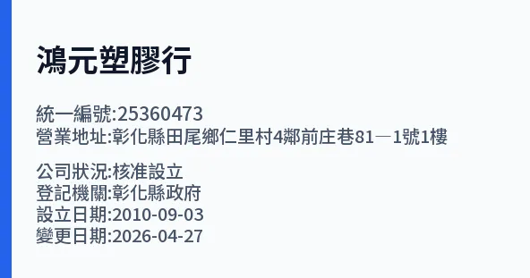 鴻元塑膠行的照片-統編 25360473(彰化縣) 公司登記資料與營業項目詳細圖表