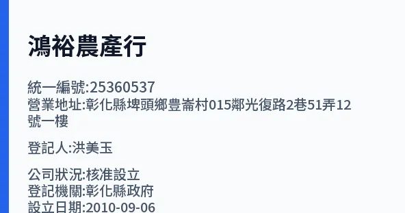 鴻裕農產行的照片-統編 25360537(彰化縣) 公司登記資料與營業項目詳細圖表