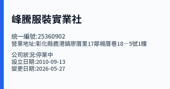 峰騰服裝實業社的照片-統編 25360902(彰化縣) 公司登記資料與營業項目詳細圖表