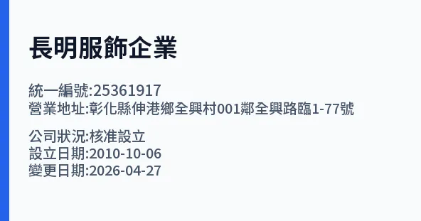 長明服飾企業的照片-統編 25361917(彰化縣) 公司登記資料與營業項目詳細圖表