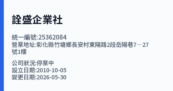 詮盛企業社的照片-統編 25362084(彰化縣) 公司登記資料與營業項目詳細圖表