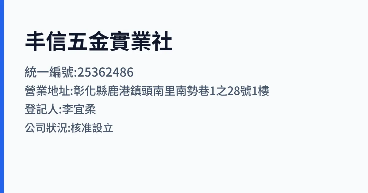 丰信五金實業社 - 統編 25362486(彰化縣) 公司登記資料與營業項目詳細圖表