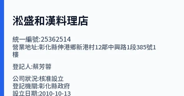 淞盛和漢料理店的照片-統編 25362514(彰化縣) 公司登記資料與營業項目詳細圖表