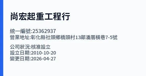 尚宏起重工程行的照片-統編 25362937(彰化縣) 公司登記資料與營業項目詳細圖表