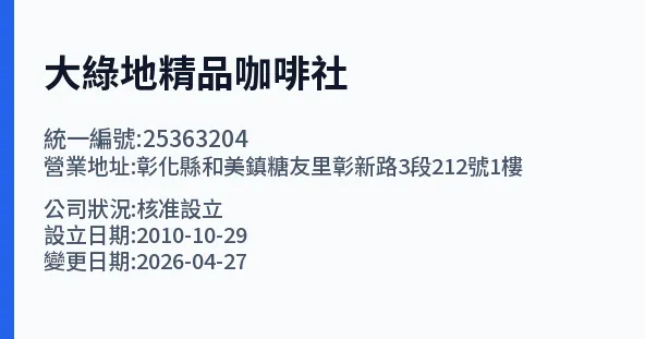 大綠地精品咖啡社的照片-統編 25363204(彰化縣) 公司登記資料與營業項目詳細圖表