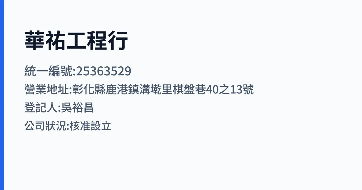 華祐工程行 - 統編 25363529(彰化縣) 公司登記資料與營業項目詳細圖表