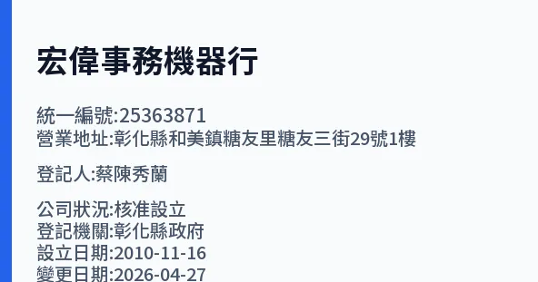 宏偉事務機器行的照片-統編 25363871(彰化縣) 公司登記資料與營業項目詳細圖表