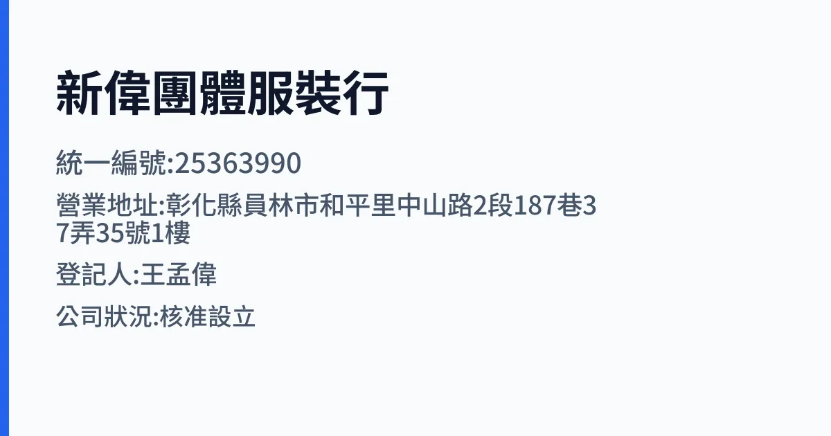 新偉團體服裝行 - 統編 25363990(彰化縣) 公司登記資料與營業項目詳細圖表