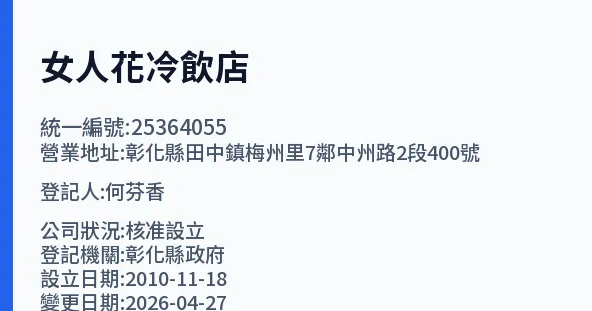 女人花冷飲店的照片-統編 25364055(彰化縣) 公司登記資料與營業項目詳細圖表