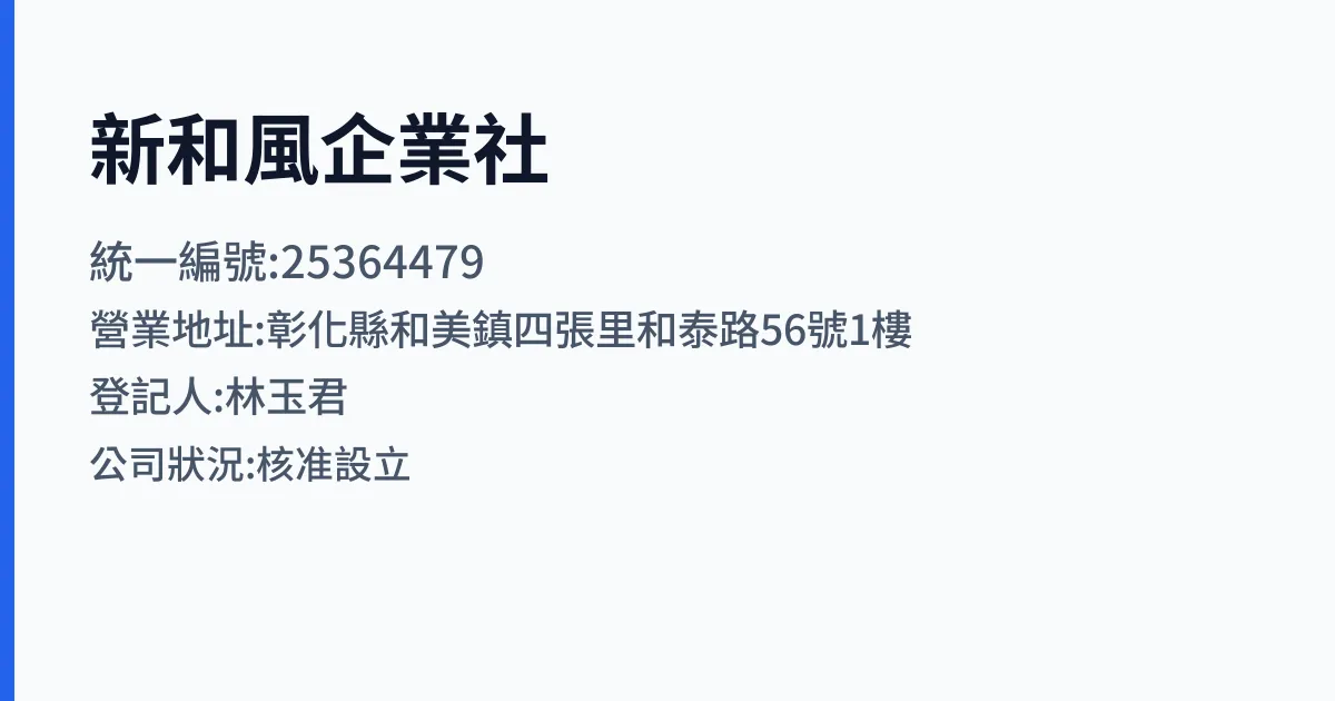 新和風企業社 - 統編 25364479(彰化縣) 公司登記資料與營業項目詳細圖表