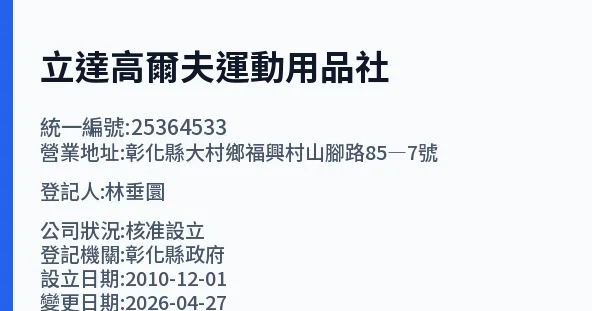 立達高爾夫運動用品社的照片-統編 25364533(彰化縣) 公司登記資料與營業項目詳細圖表