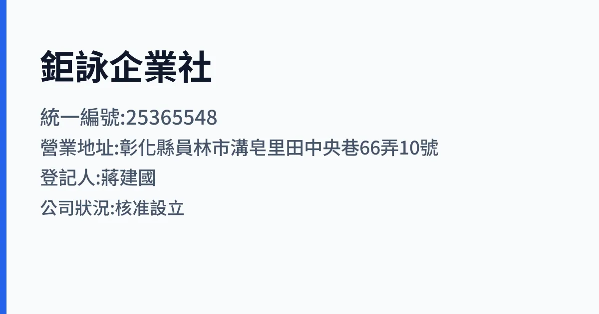 鉅詠企業社 - 統編 25365548(彰化縣) 公司登記資料與營業項目詳細圖表