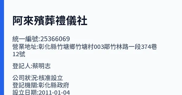阿來殯葬禮儀社的照片-統編 25366069(彰化縣) 公司登記資料與營業項目詳細圖表