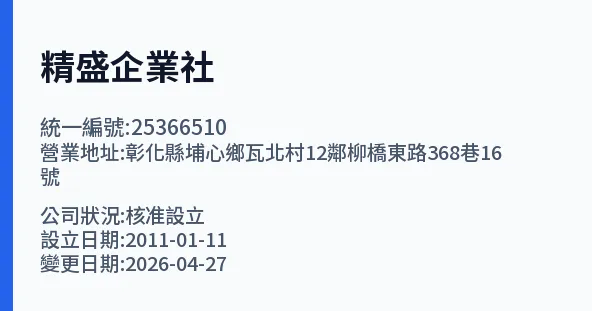 精盛企業社的照片-統編 25366510(彰化縣) 公司登記資料與營業項目詳細圖表