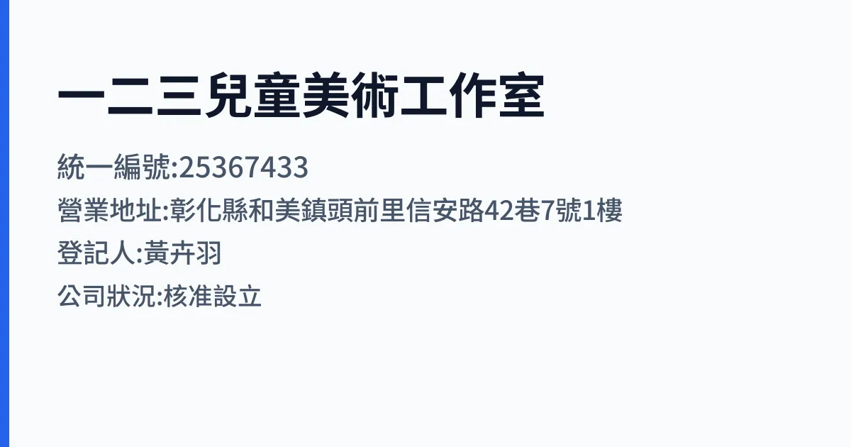 一二三兒童美術工作室 - 統編 25367433(彰化縣) 公司登記資料與營業項目詳細圖表