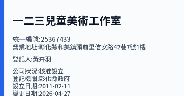 一二三兒童美術工作室的照片-統編 25367433(彰化縣) 公司登記資料與營業項目詳細圖表