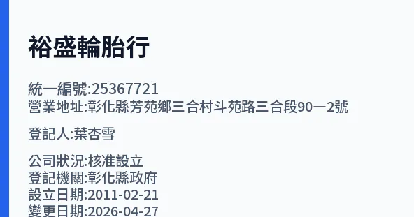 裕盛輪胎行的照片-統編 25367721(彰化縣) 公司登記資料與營業項目詳細圖表