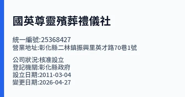 國英尊靈殯葬禮儀社的照片-統編 25368427(彰化縣) 公司登記資料與營業項目詳細圖表