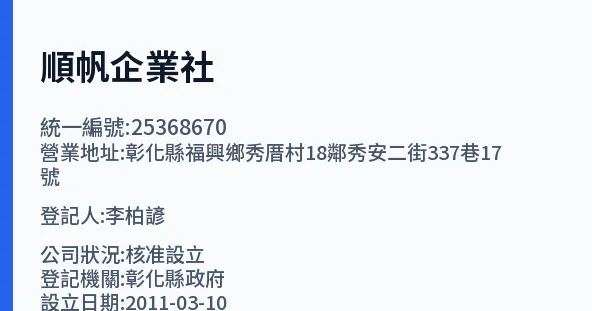 順帆企業社的照片-統編 25368670(彰化縣) 公司登記資料與營業項目詳細圖表