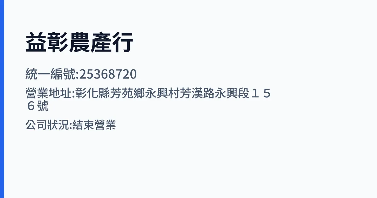 益彰農產行 - 統編 25368720(彰化縣) 公司登記資料與營業項目詳細圖表
