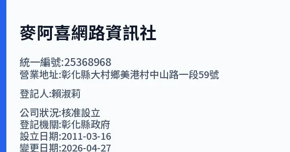 麥阿喜網路資訊社的照片-統編 25368968(彰化縣) 公司登記資料與營業項目詳細圖表