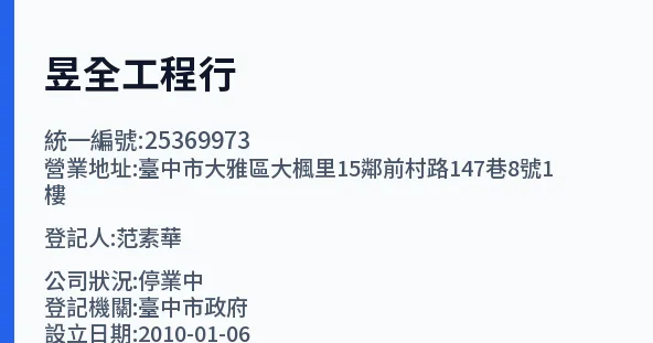 昱全工程行的照片-統編 25369973(臺中市) 公司登記資料與營業項目詳細圖表