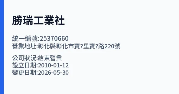 勝瑞工業社的照片-統編 25370660(彰化縣) 公司登記資料與營業項目詳細圖表