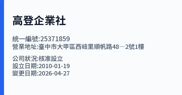 高登企業社的照片-統編 25371859(臺中市) 公司登記資料與營業項目詳細圖表