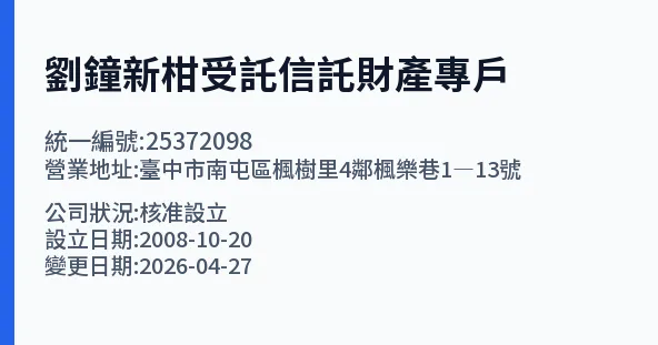 劉鐘新柑受託信託財產專戶的照片-統編 25372098(臺中市) 公司登記資料與營業項目詳細圖表