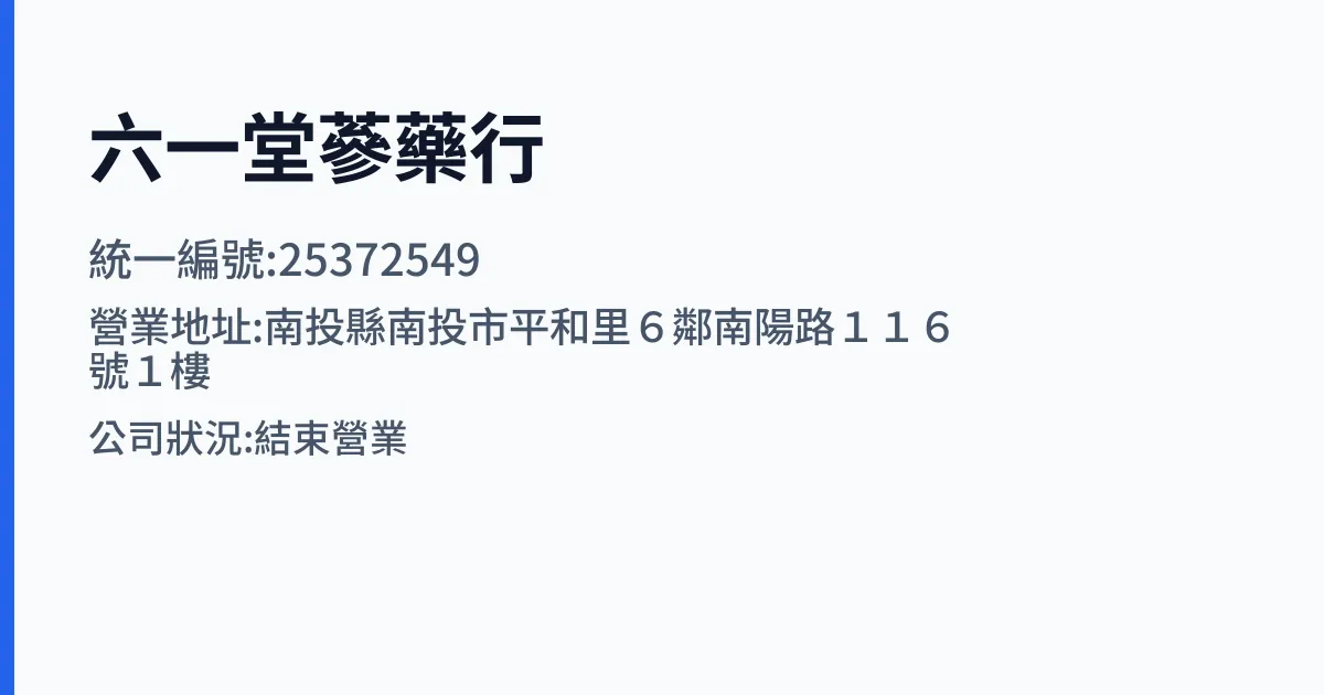六一堂蔘藥行 - 統編 25372549(南投縣) 公司登記資料與營業項目詳細圖表
