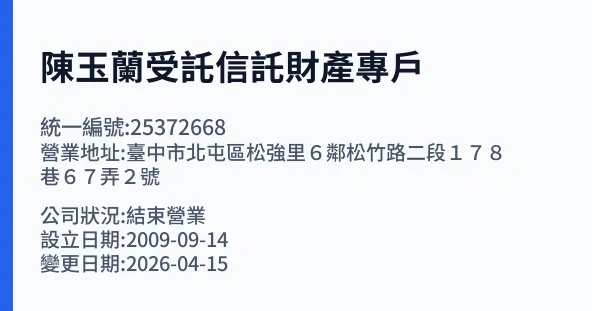 陳玉蘭受託信託財產專戶的照片-統編 25372668(臺中市) 公司登記資料與營業項目詳細圖表