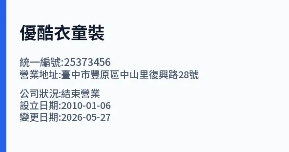 優酷衣童裝的照片-統編 25373456(臺中市) 公司登記資料與營業項目詳細圖表