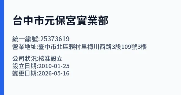 台中市元保宮實業部的照片-統編 25373619(臺中市) 公司登記資料與營業項目詳細圖表