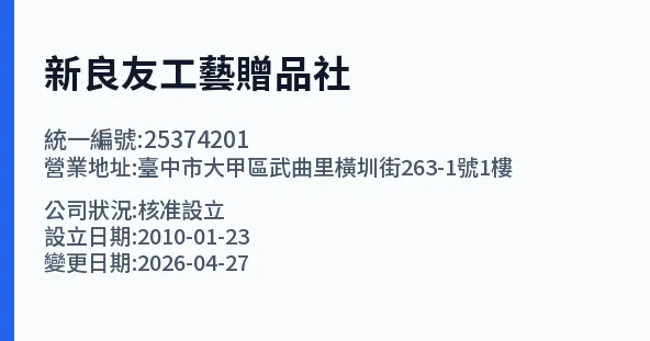 新良友工藝贈品社的照片-統編 25374201(臺中市) 公司登記資料與營業項目詳細圖表