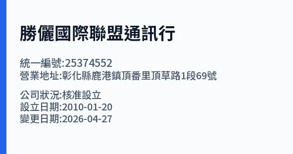 勝儷國際聯盟通訊行的照片-統編 25374552(彰化縣) 公司登記資料與營業項目詳細圖表