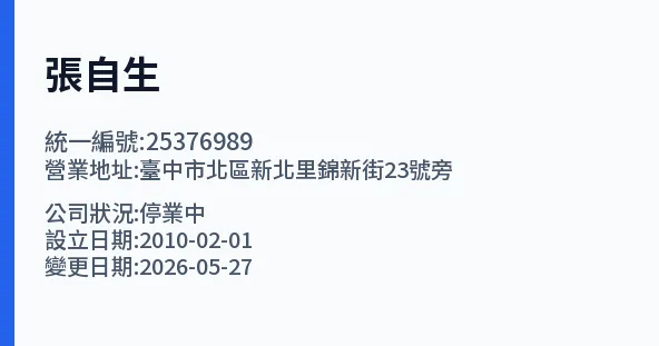 張自生的照片-統編 25376989(臺中市) 公司登記資料與營業項目詳細圖表
