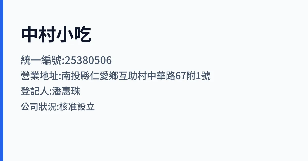中村小吃 - 統編 25380506(南投縣) 公司登記資料與營業項目詳細圖表