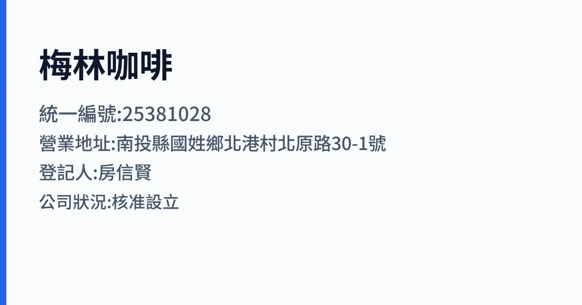 梅林咖啡 - 統編 25381028(南投縣) 公司登記資料與營業項目詳細圖表