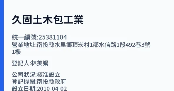久固土木包工業的照片-統編 25381104(南投縣) 公司登記資料與營業項目詳細圖表
