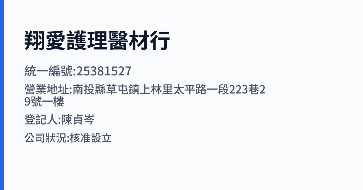 翔愛護理醫材行 - 統編 25381527(南投縣) 公司登記資料與營業項目詳細圖表