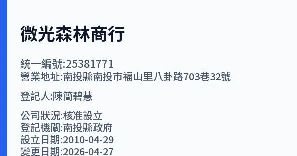 微光森林商行的照片-統編 25381771(南投縣) 公司登記資料與營業項目詳細圖表