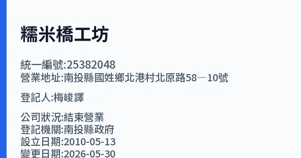 糯米橋工坊的照片-統編 25382048(南投縣) 公司登記資料與營業項目詳細圖表